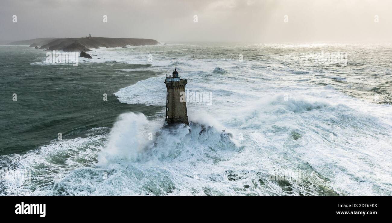 La Vieille lighthouse during heavy storm off Brittany, western France ...