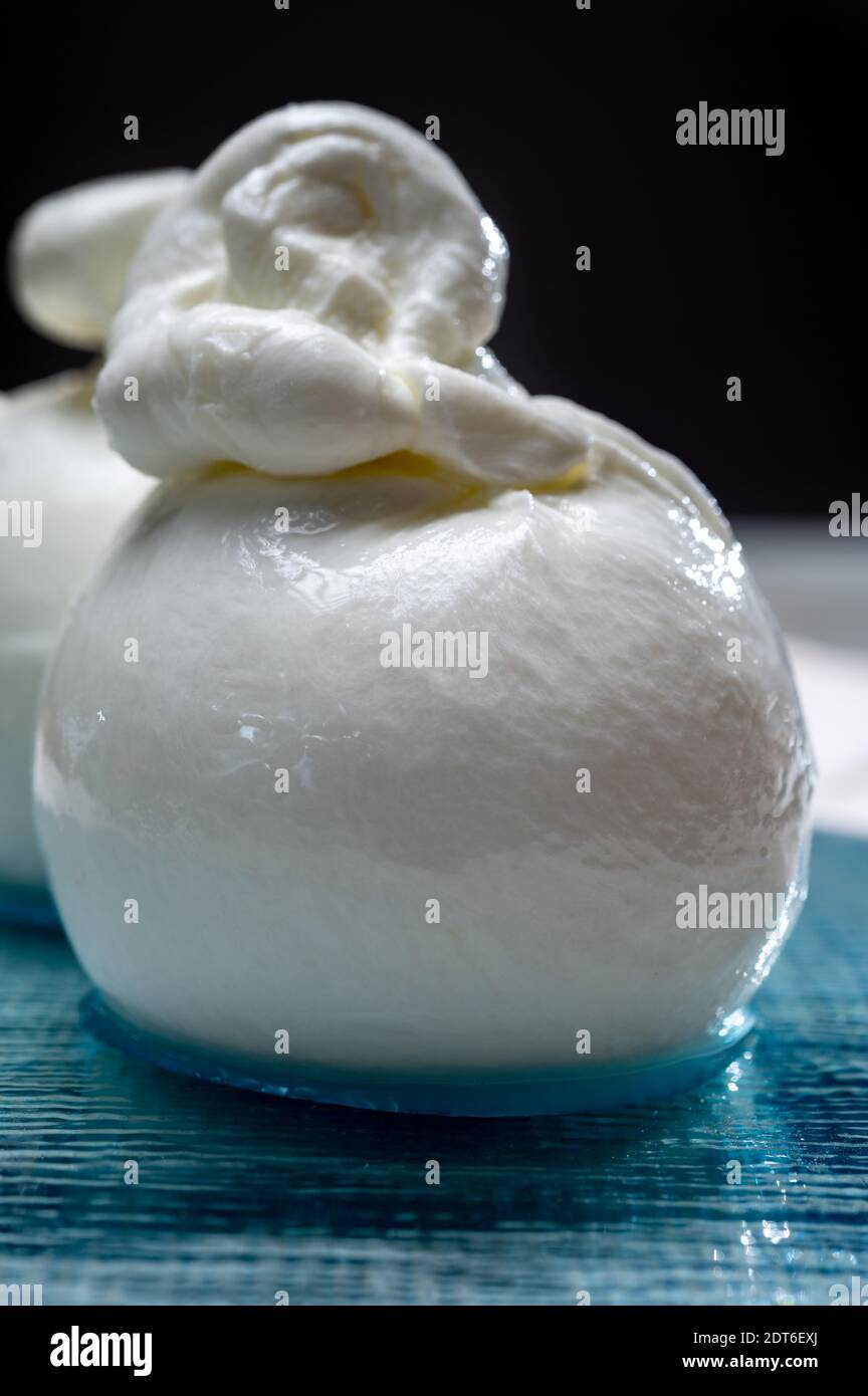 Cheese collection, fresh soft white burrata cheese ball made from ...