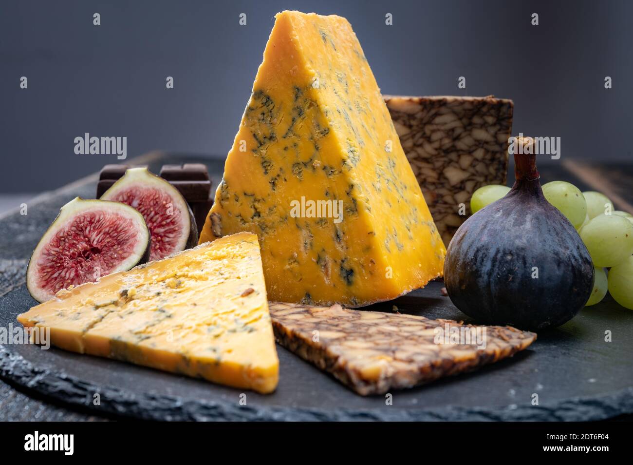 British and Irish cheeses, tasting plate with blue shropshire, brown ...