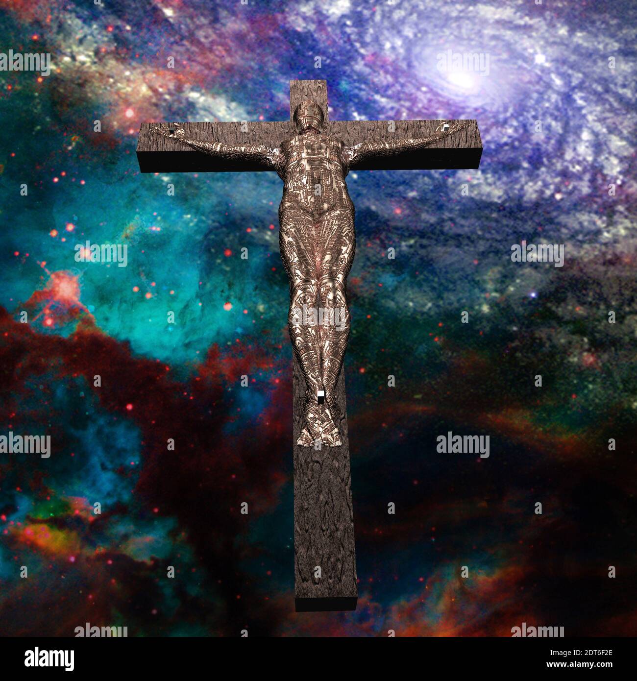Crucified cyborg in space. 3D rendering Stock Photo - Alamy