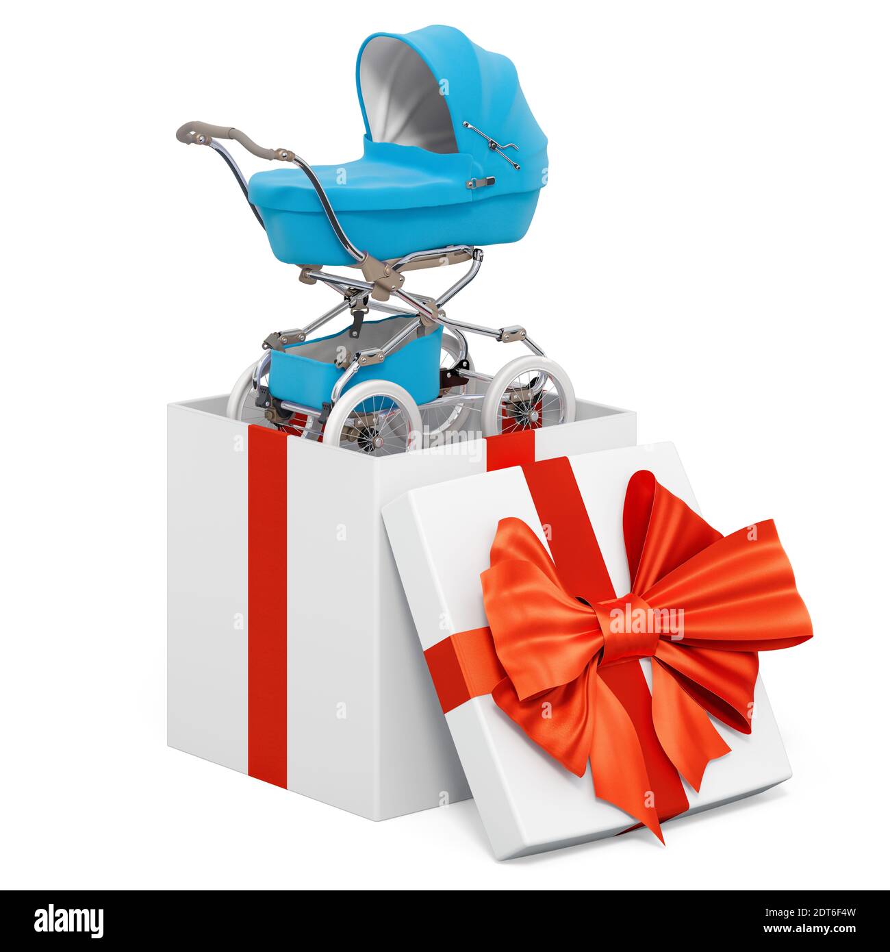 Baby stroller inside gift box, present concept. 3D rendering isolated ...