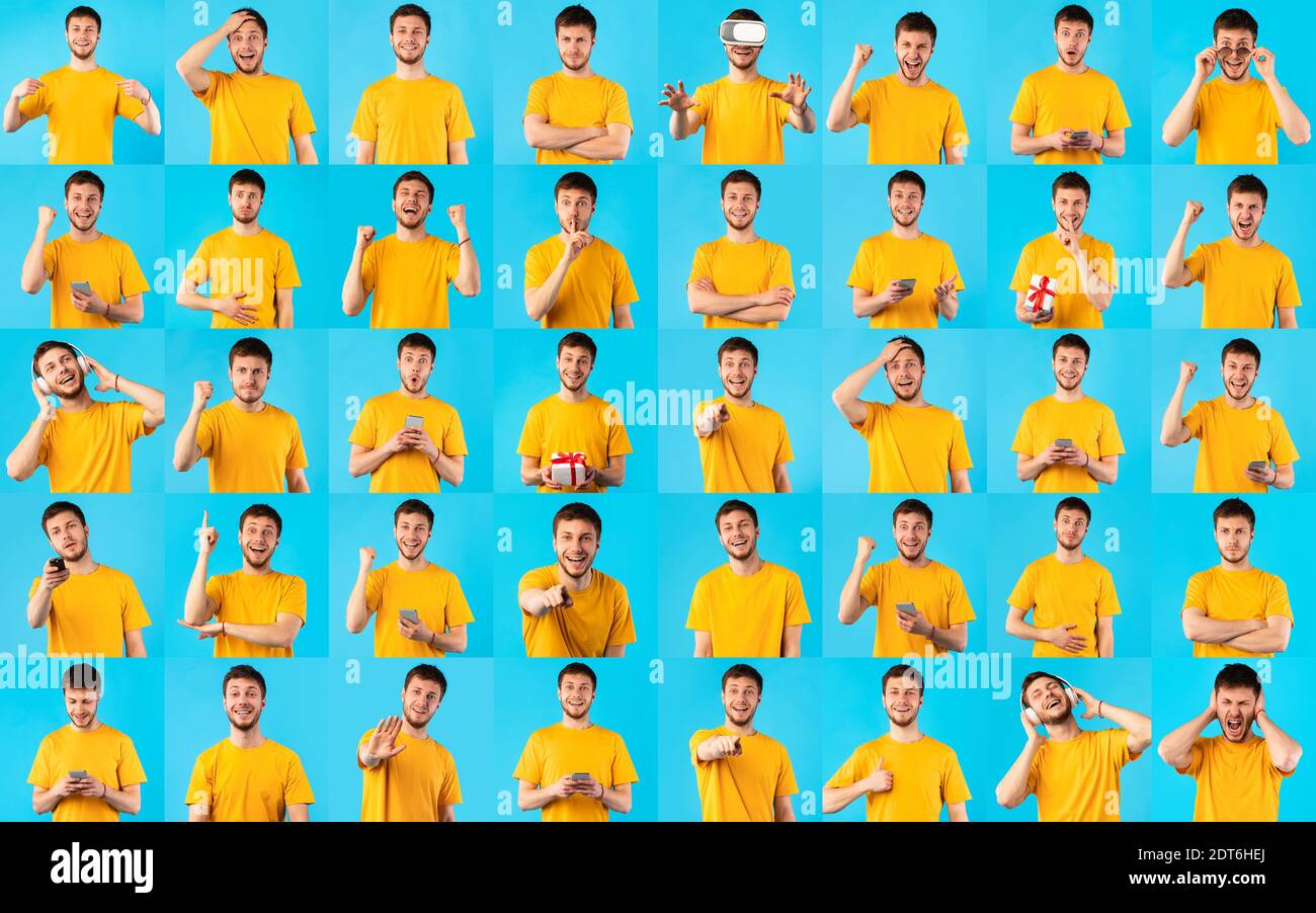 Collage of a young man expressing different emotions Stock Photo - Alamy