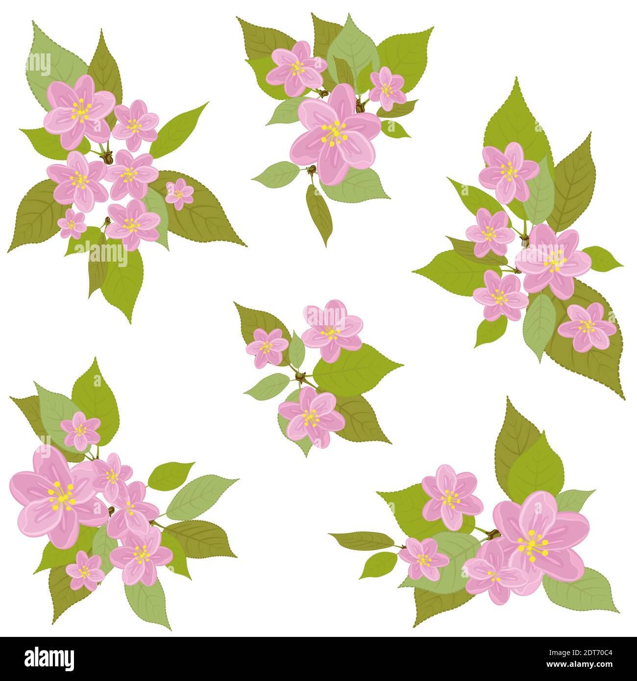 Several variants of cherry wreaths with leaves. Wreaths of pink flowers ...