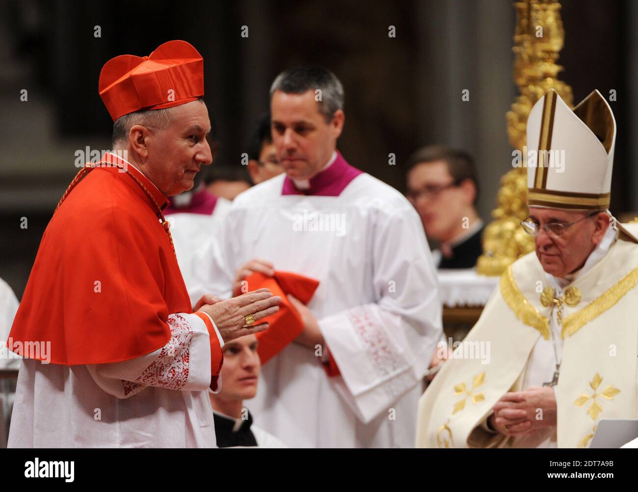Pope Francis and new cardinal Pietro Parolin during a consistory in ...