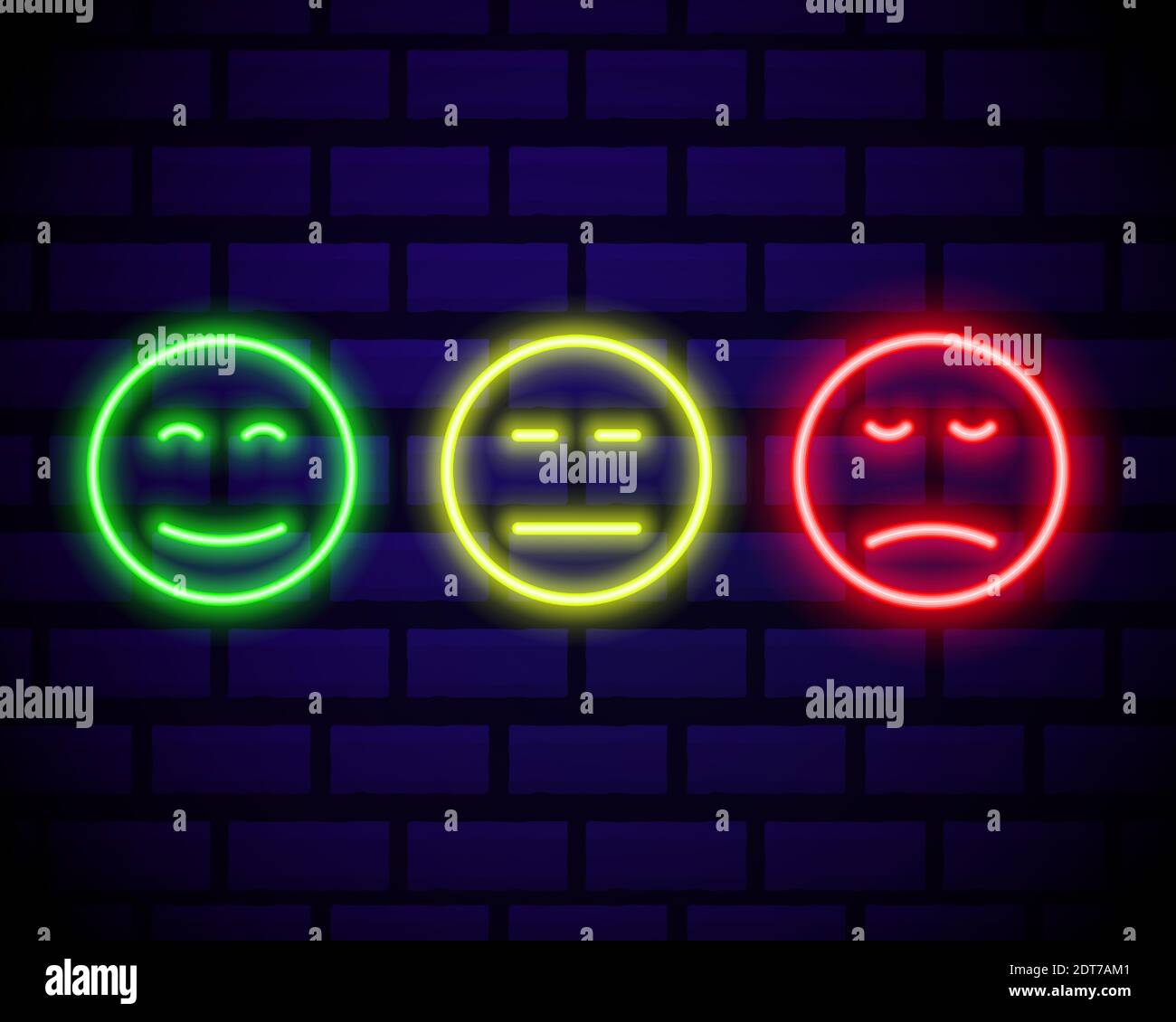 Set of neon smile emoticons isolated on dark brick wall background ...