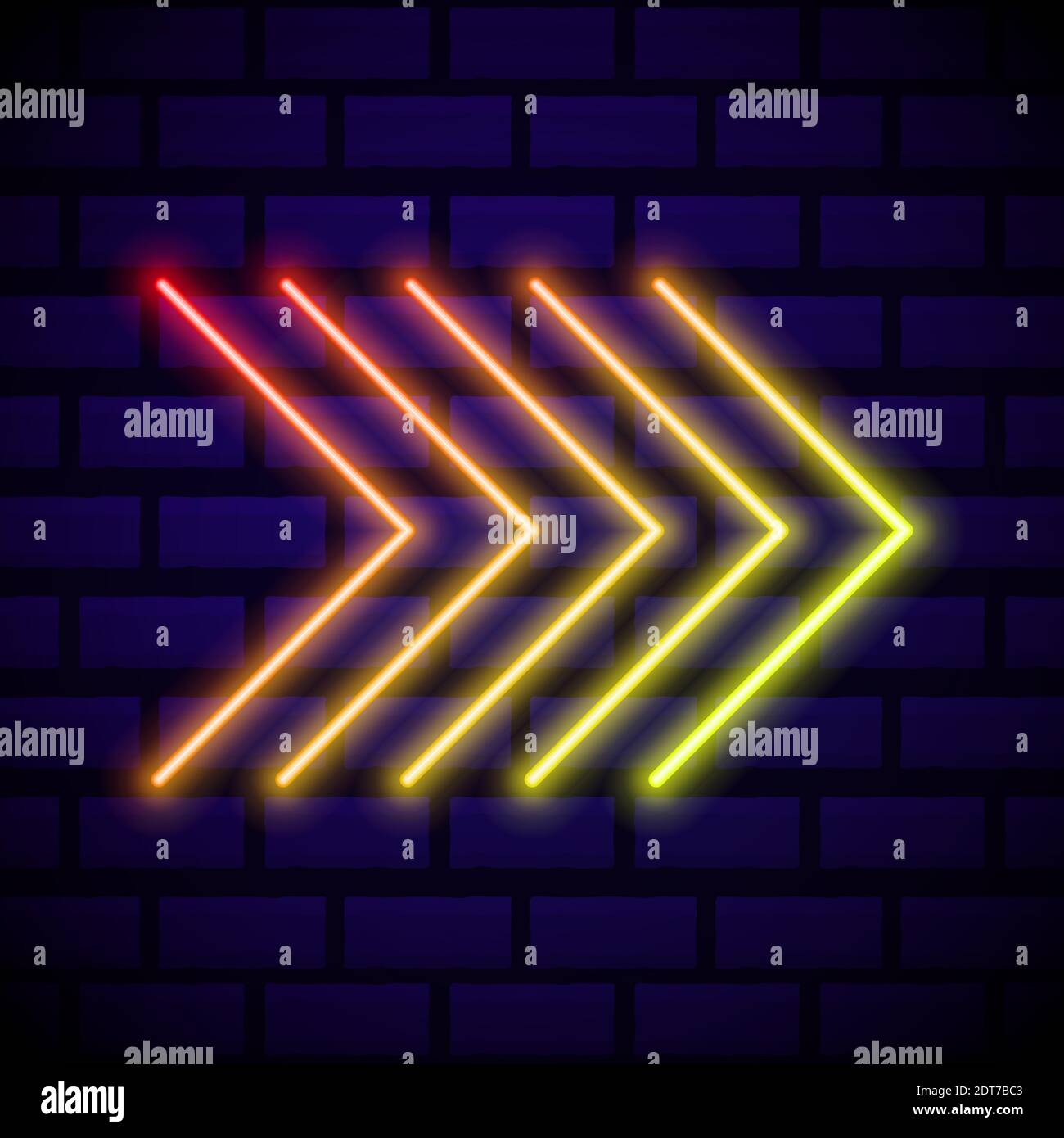 Neon glowing arrow pointer on dark brick wall background. Colorful and shining retro light sign ...