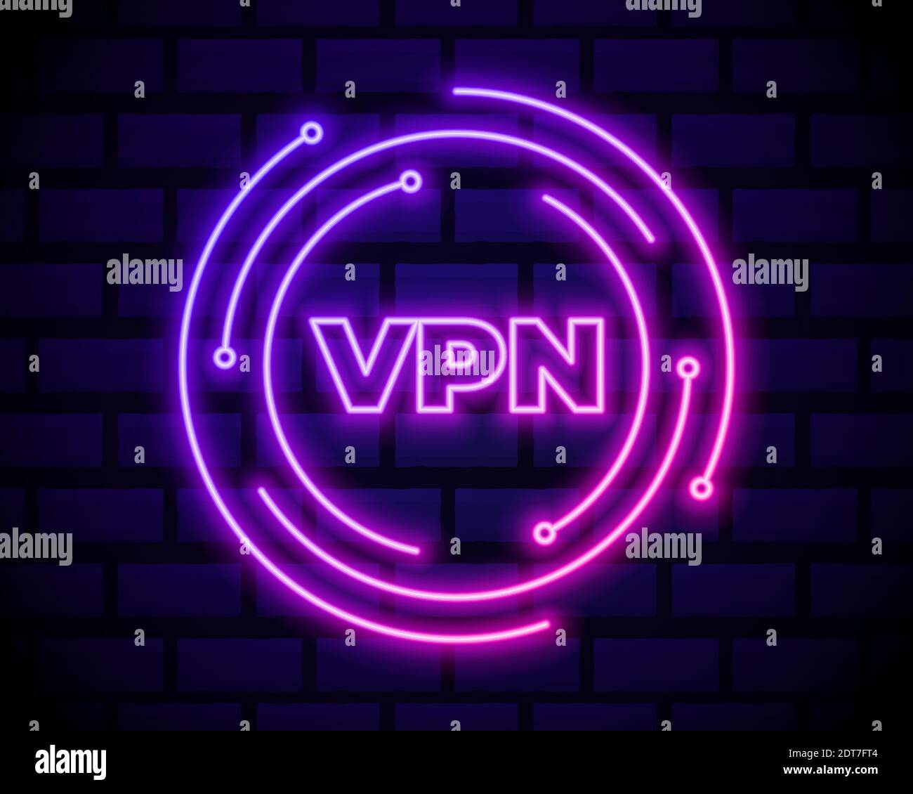 Glowing neon VPN Network connection icon isolated on dark brick wall ...