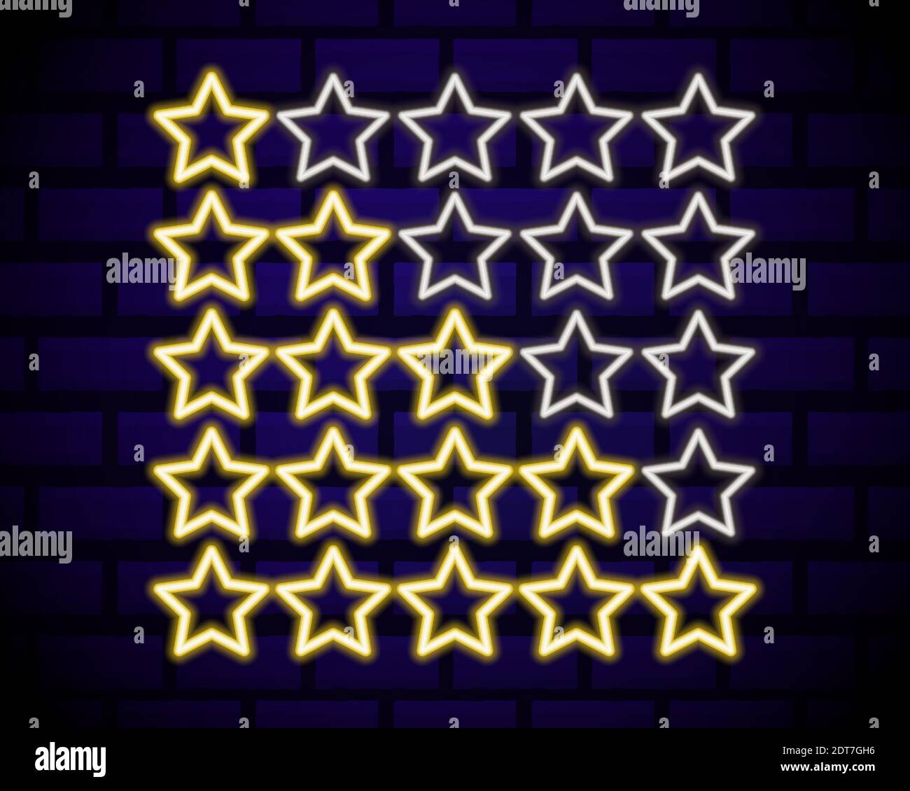 Five yellow neon stars rating design element isolated on dark brick ...