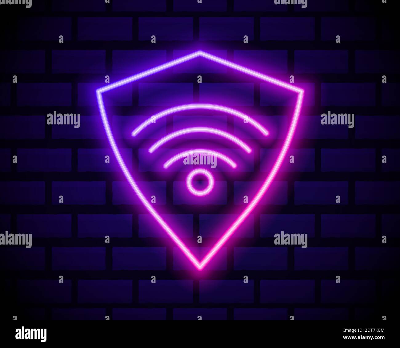 Glowing neon VPN Network connection icon isolated on dark brick wall ...