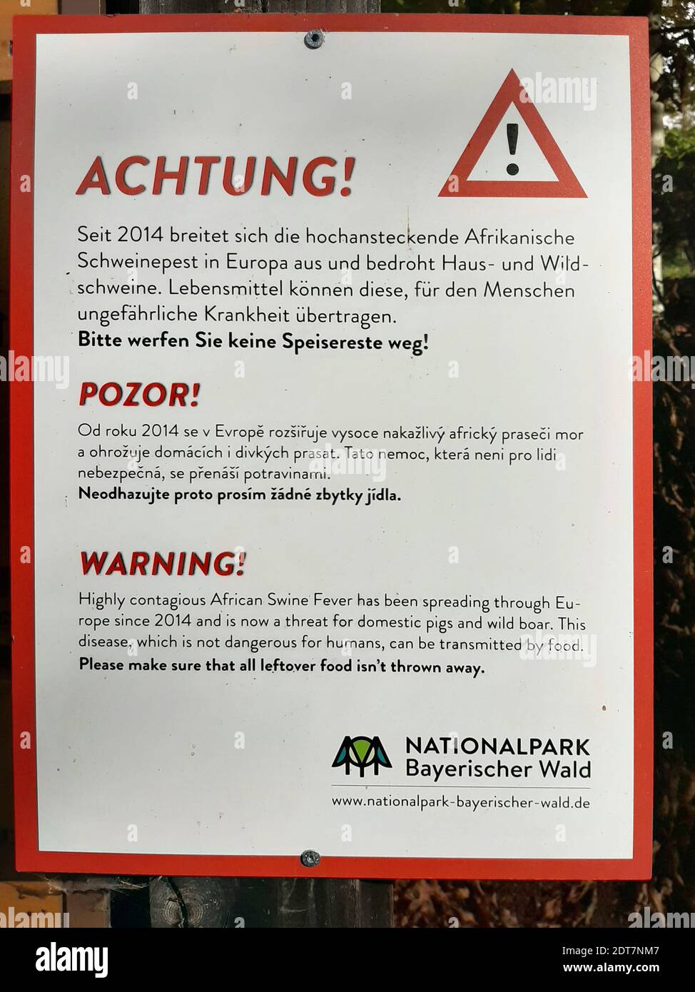 multilingual warning sign against African swine fever, Germany, Bavaria ...