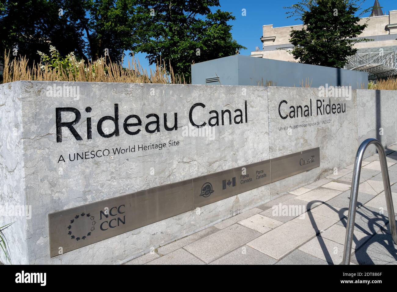 A ground unesco sign beside Rideau Canal is shown in Ottawa, On, Canada ...