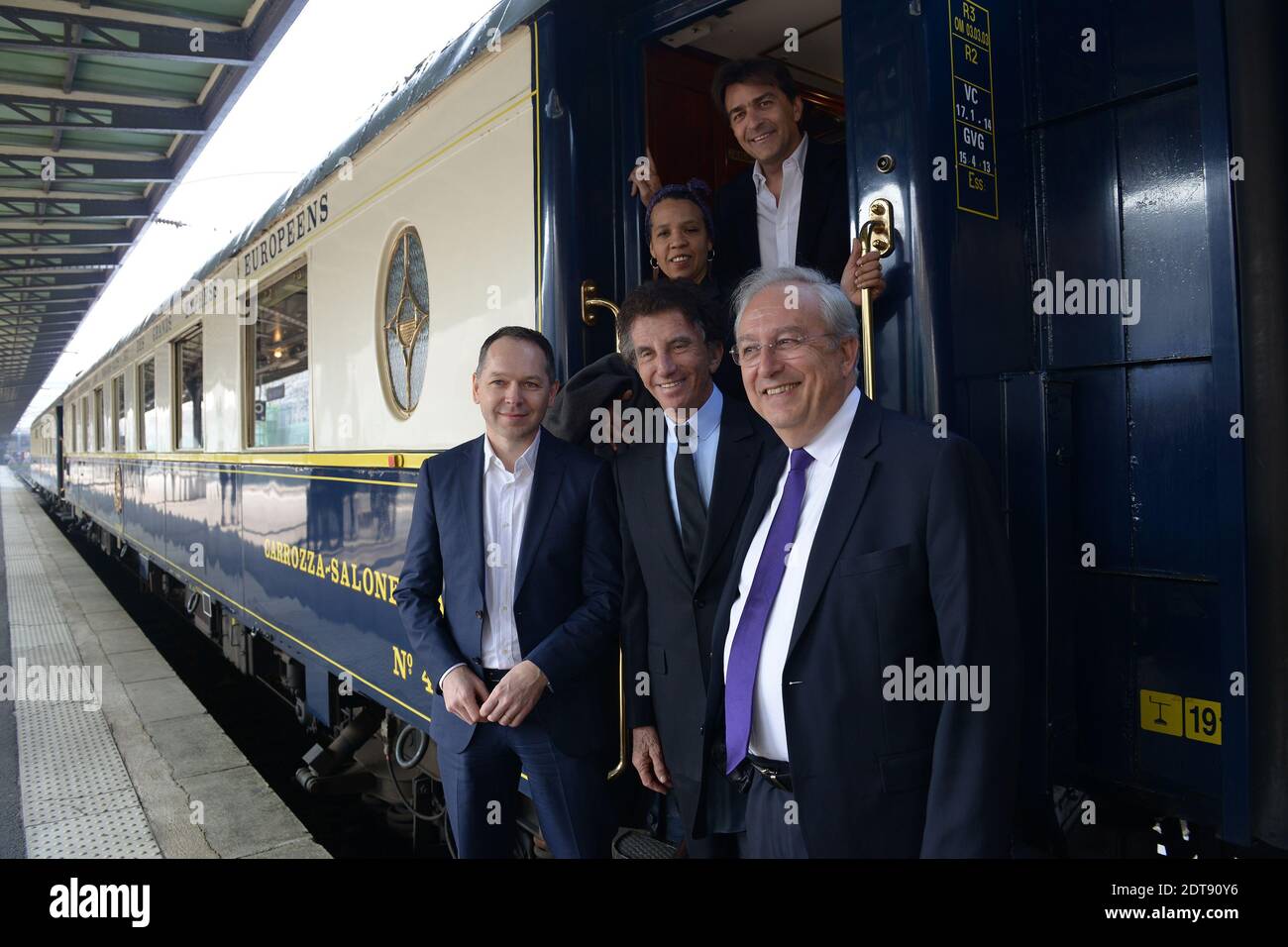 (L-R) Patrick Ropert (SNCF), Jack Lang, Clemence Farrell, Yannick ...