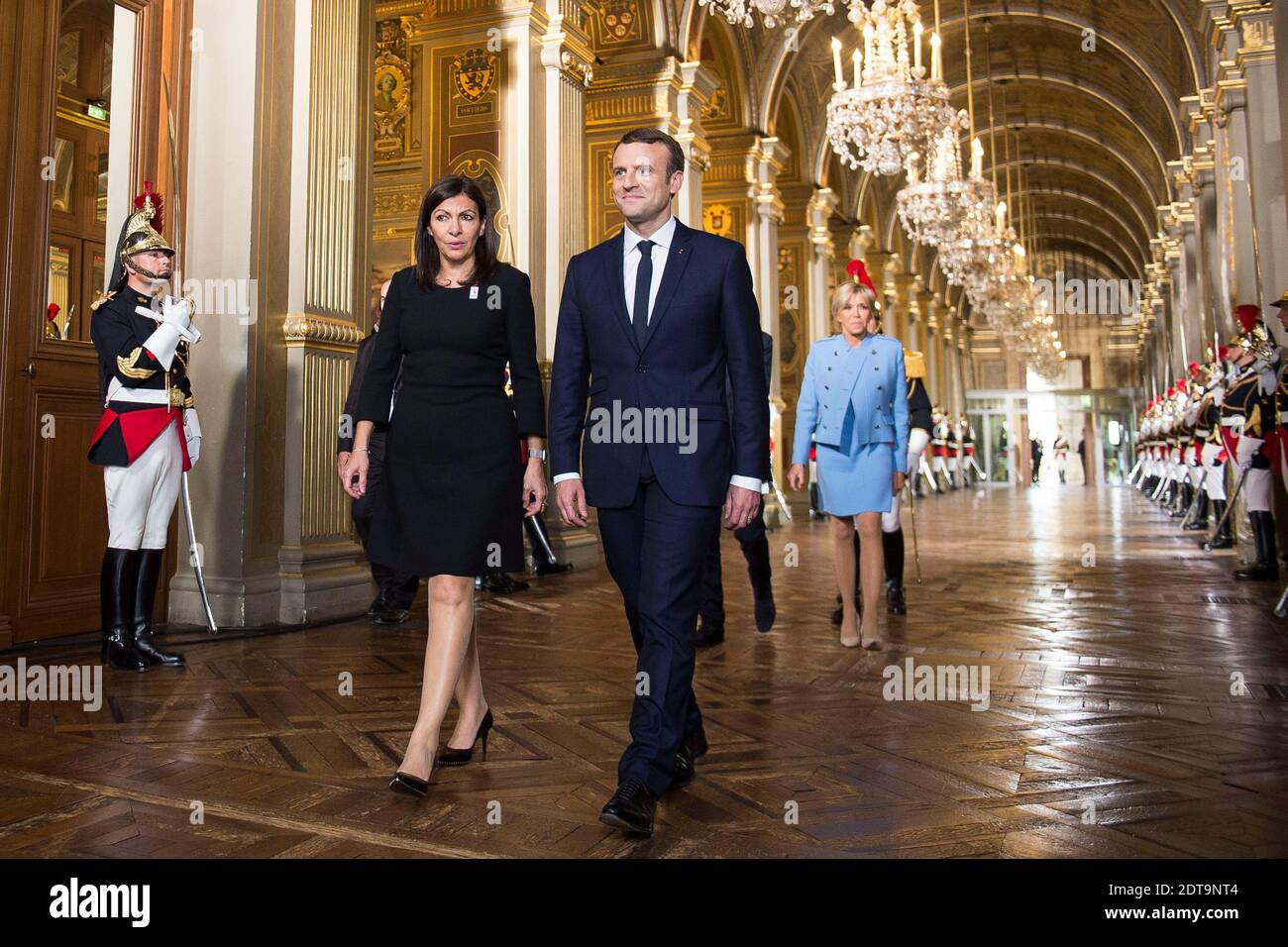French President Emmanuel Macron and Paris' Mayor Anne Hidalgo during ...