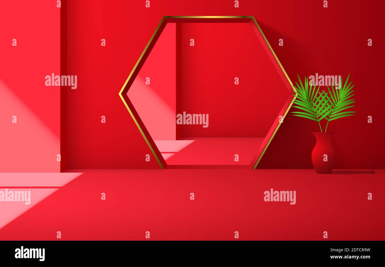 red hexagon door with sunlight from windows in the red room Stock ...