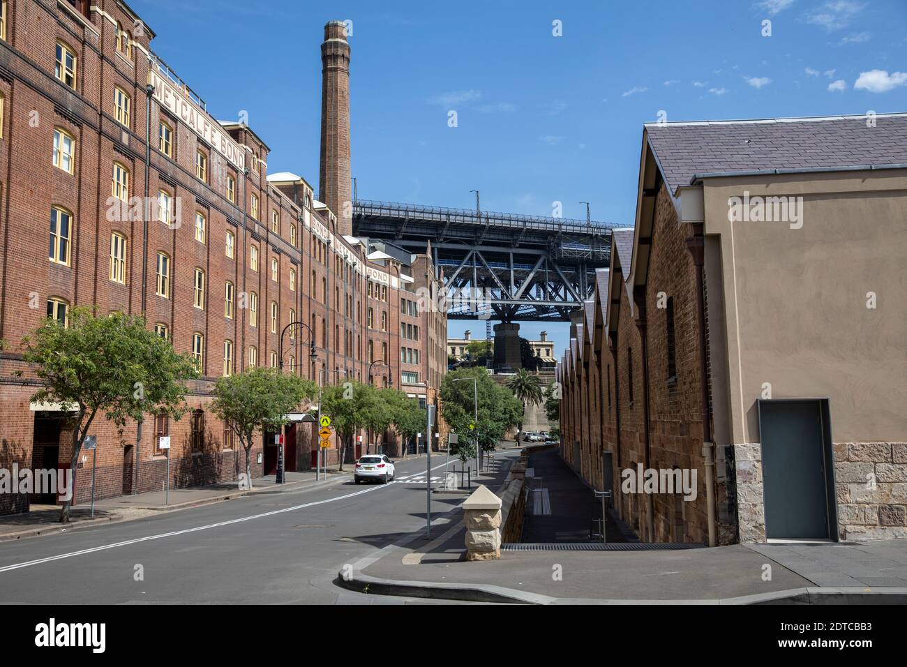 Historic The Rocks area of Sydney with industrial brick warehousing and ...