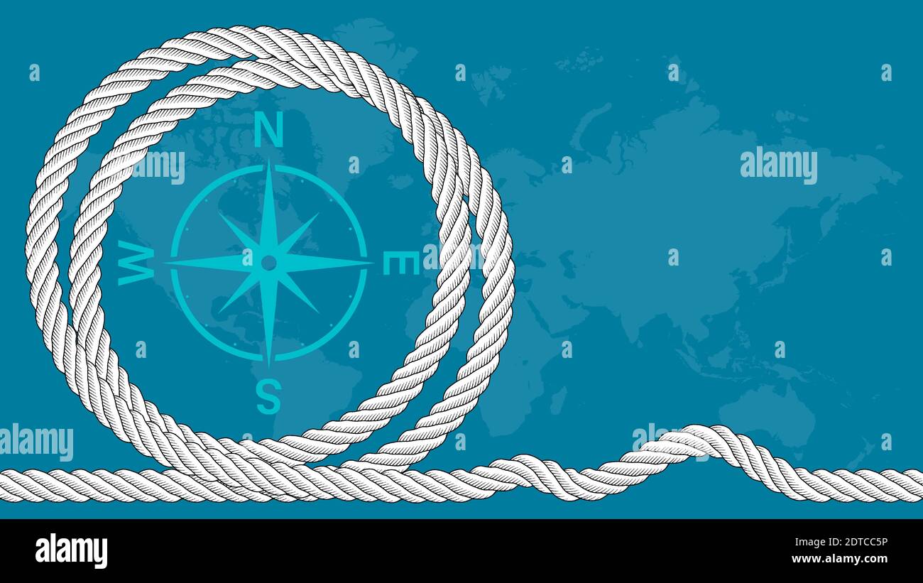 Compass dial icon in rope loops. Sea voyages and discoveries ...