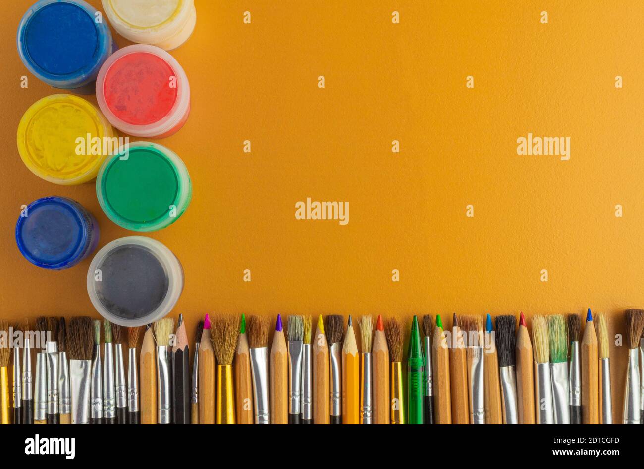 Collage of pencils and paints. Pencils and paints for drawing. The ...
