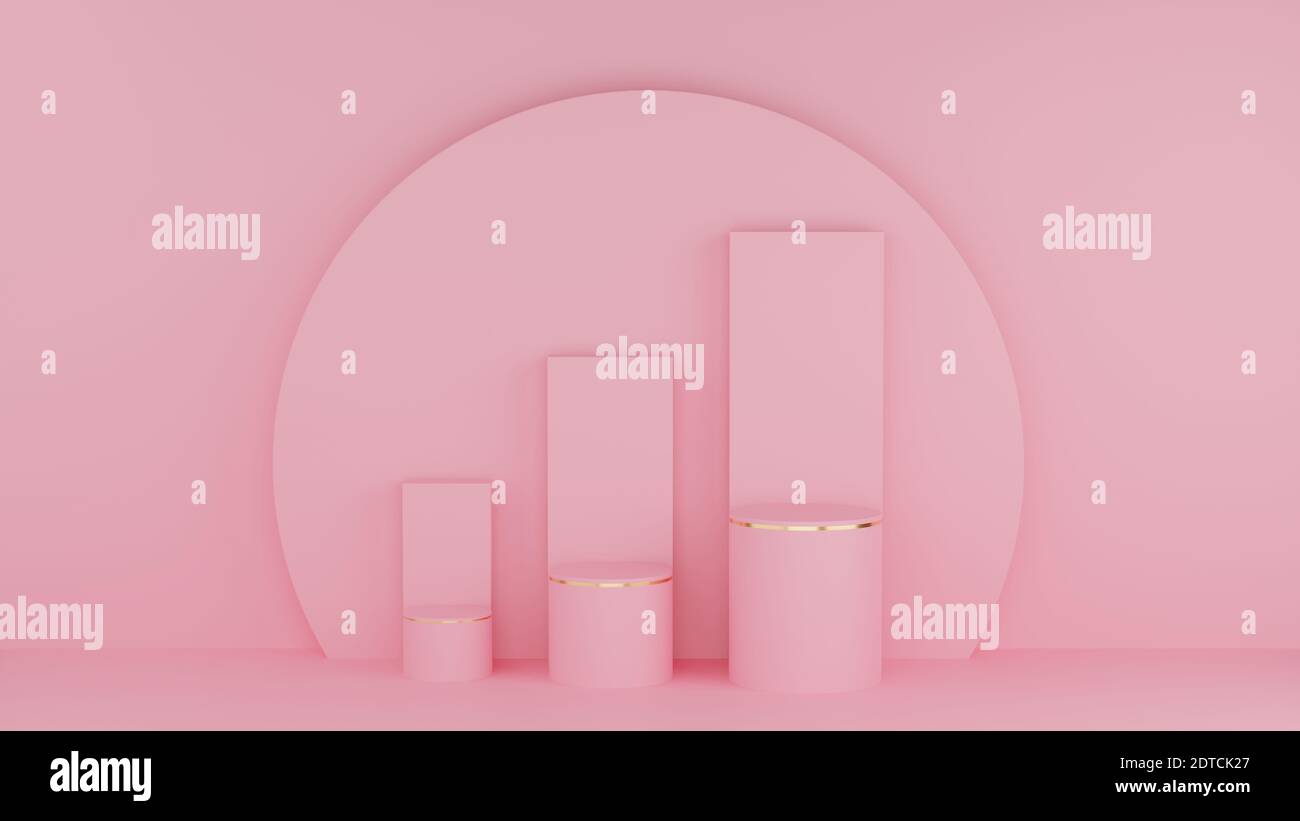 3D of circle podium pink pastel colour and gold edge with three rank ...