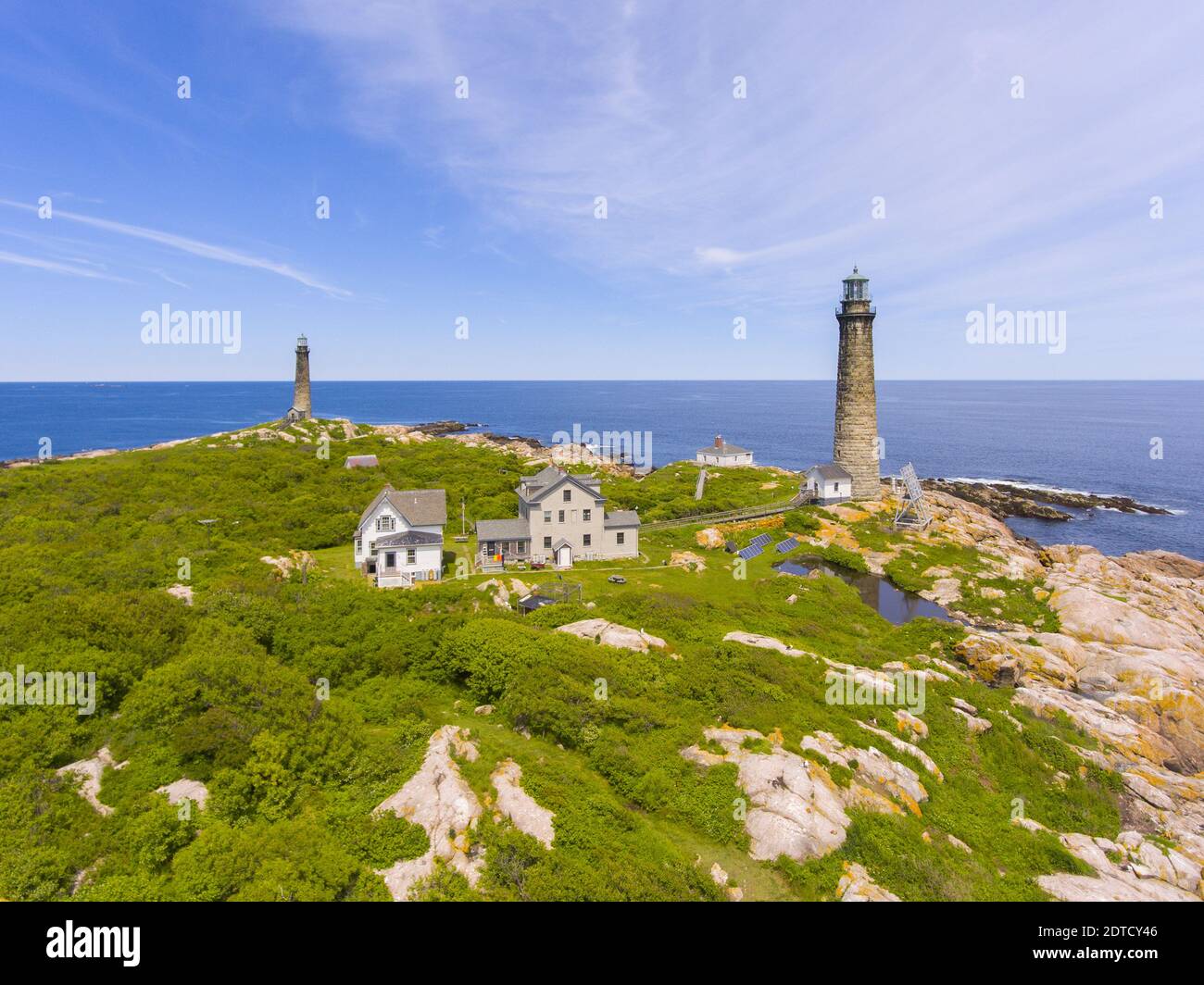 Aerial view of Thacher Island Lighthouses on Thacher Island, Rockport ...