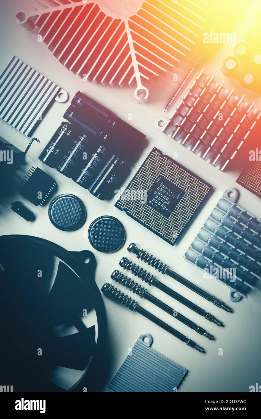 Computer and laptop hardware - CPU, fan cooler, battery, capacitors ...