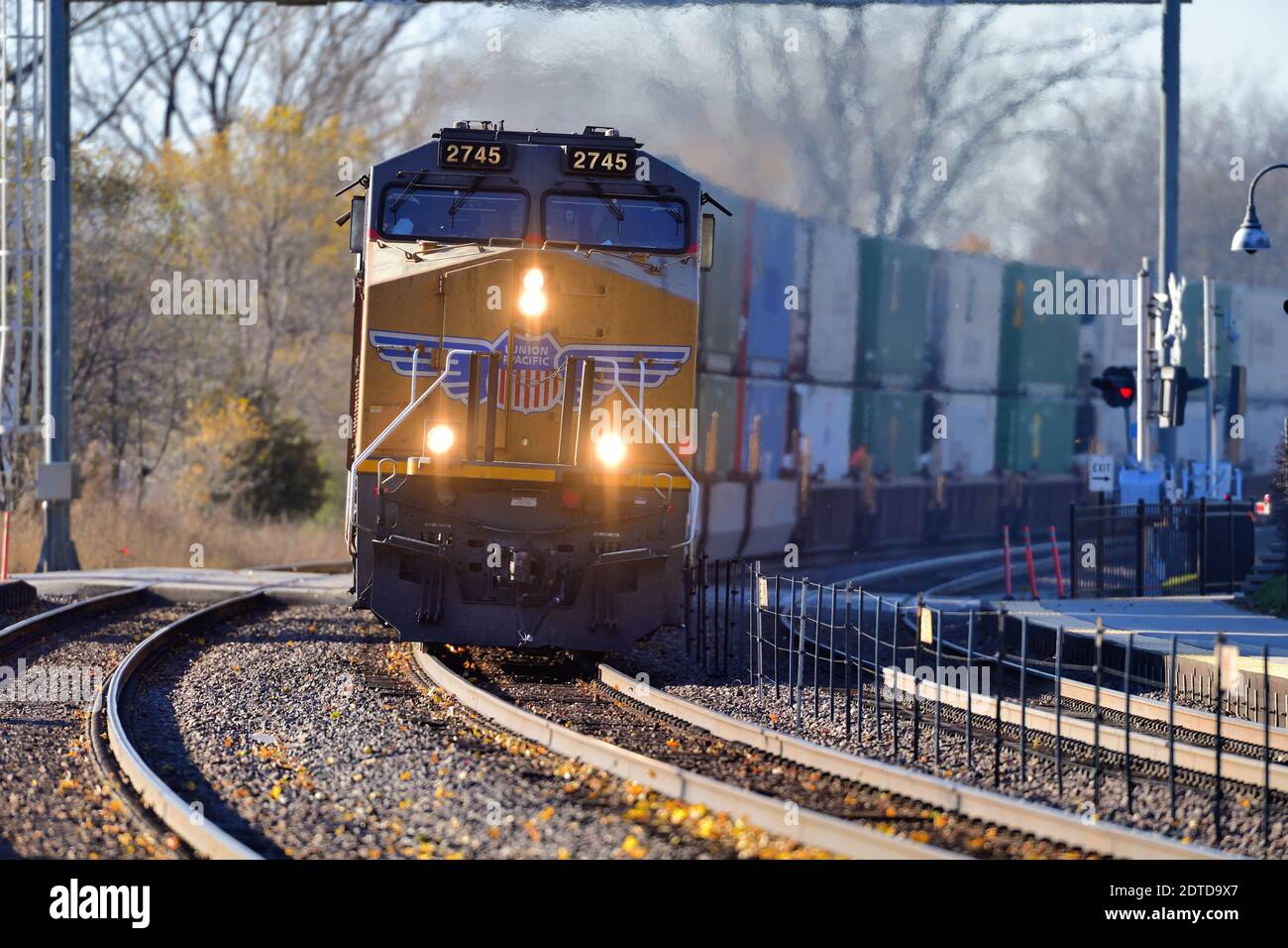 Winfield, Illinois, USA. Three locomotives lead an Union Pacific ...