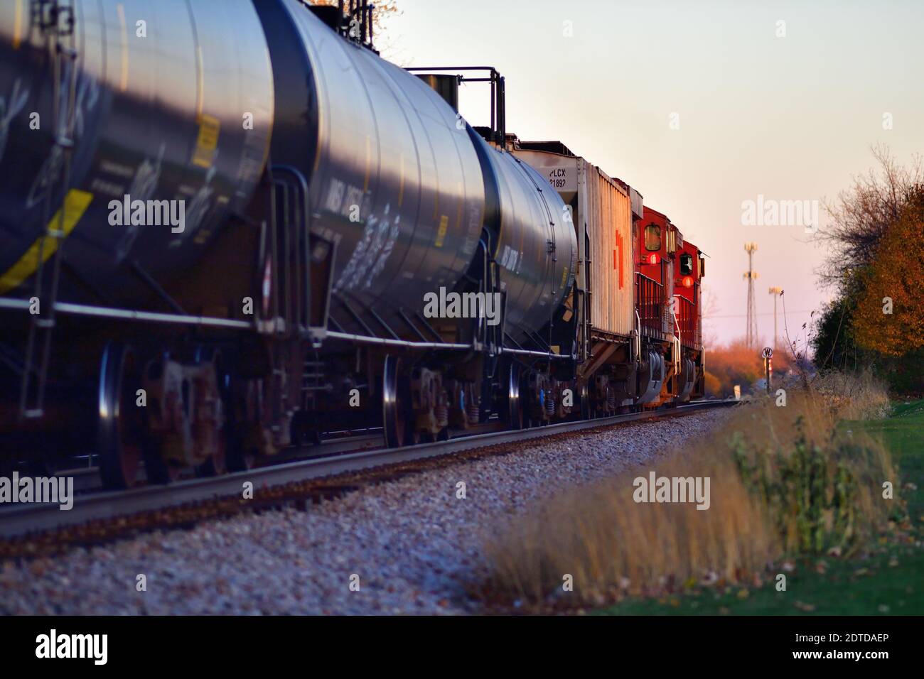 Bartlett, Illinois, USA. Two locomotives lead a Canadian Pacific Railway freight train eastbound ...