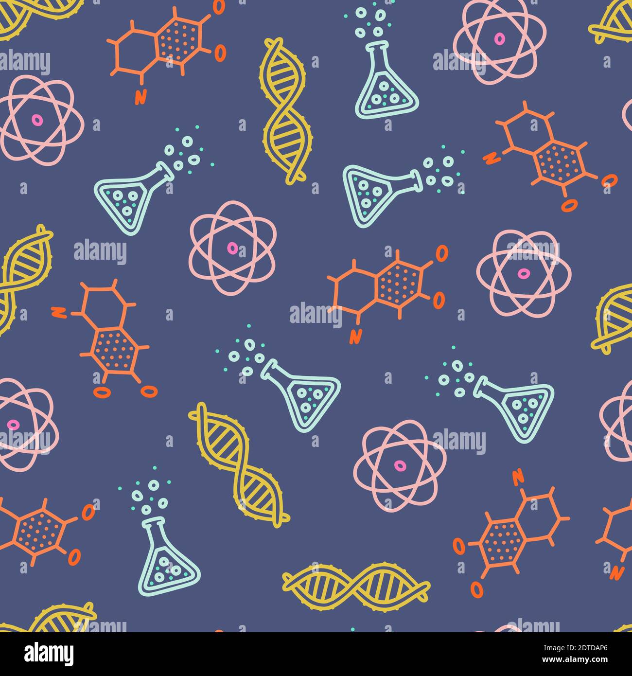 Seamless pattern with scientific objects. Hand drawn DNA molecule, atom ...