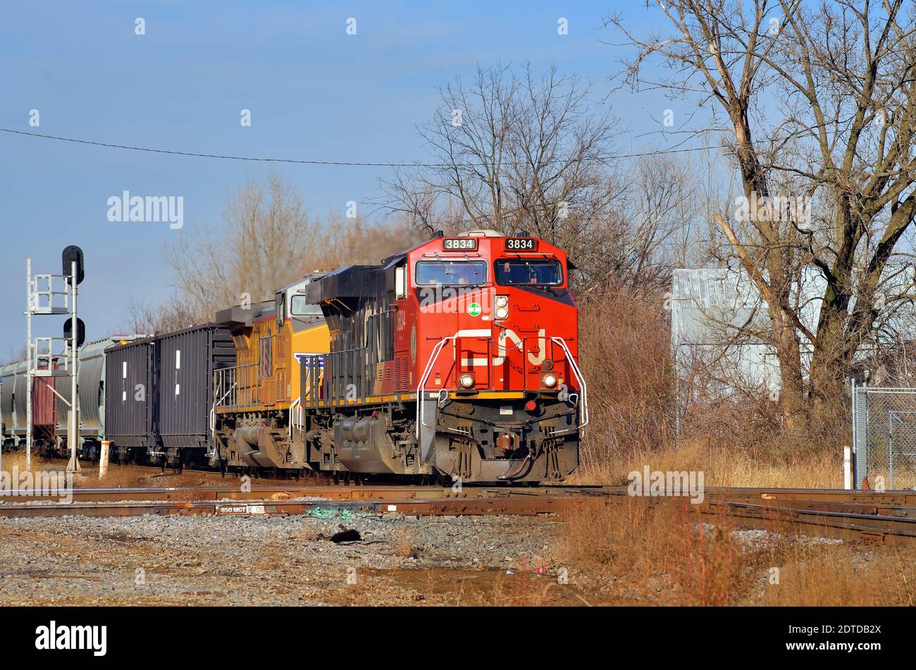 Bartlett, Illinois, USA. A Canadian National Railway locomotive in front of an off-road Union ...