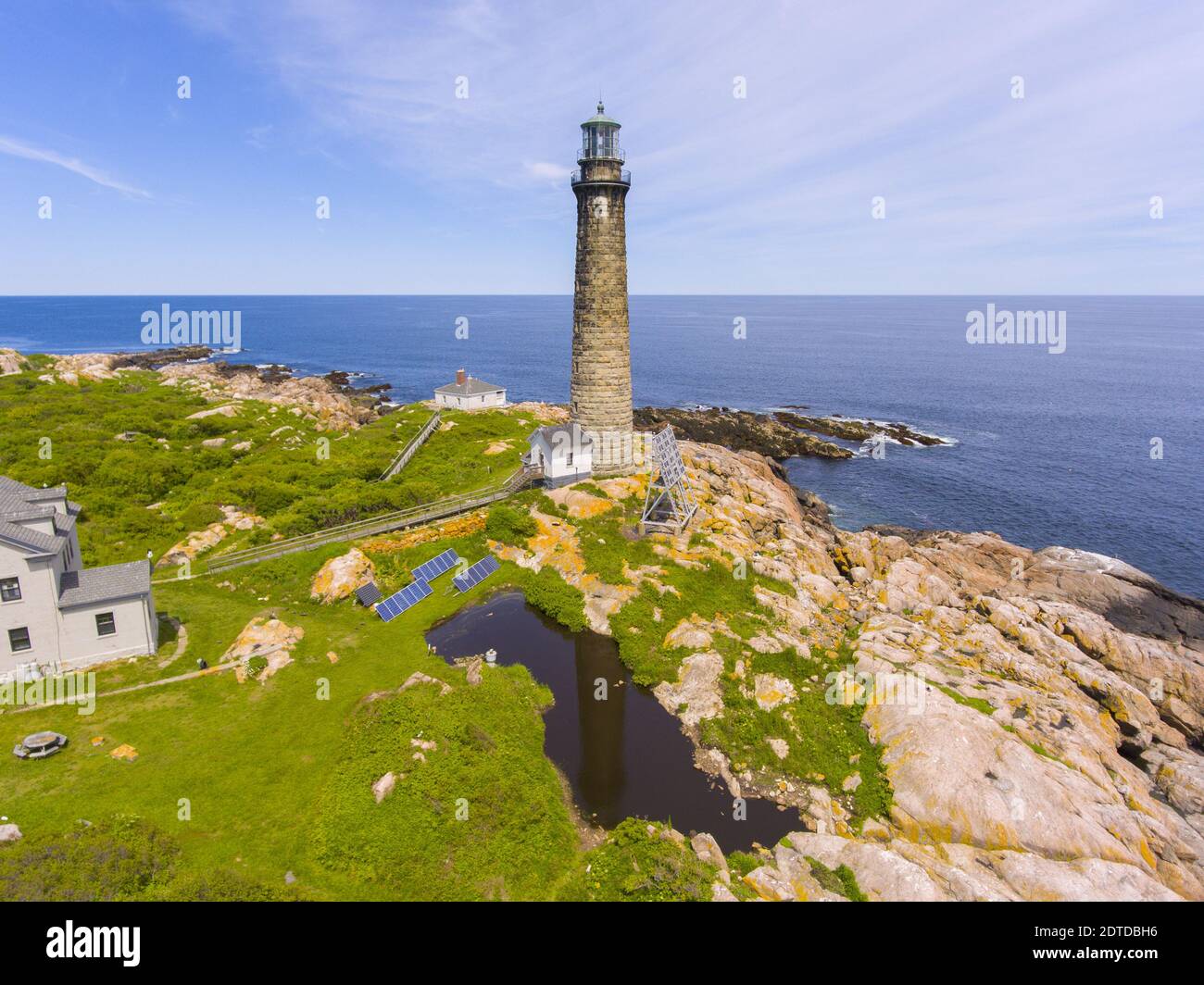 Aerial view of Thacher Island Lighthouses on Thacher Island, Rockport ...