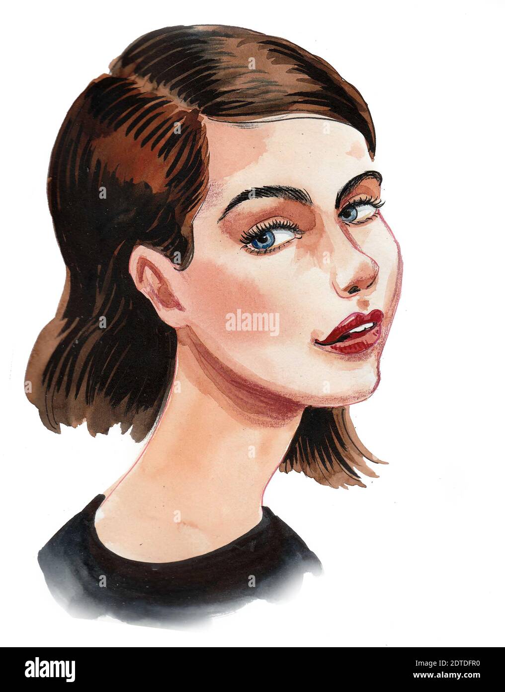 Pretty woman portrait. Ink and watercolor drawing Stock Photo - Alamy