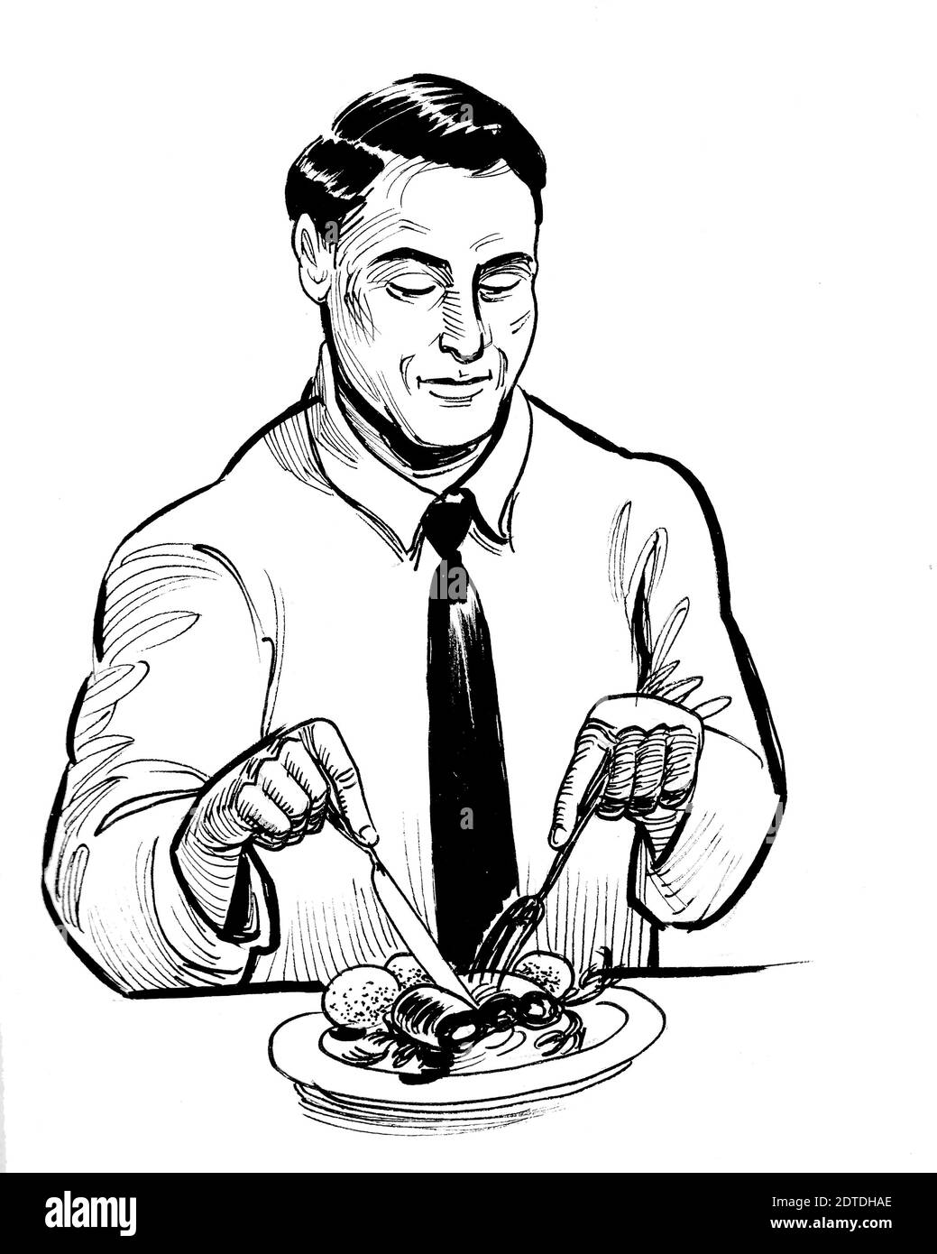 Man eating lunch. Ink black and white drawing Stock Photo - Alamy