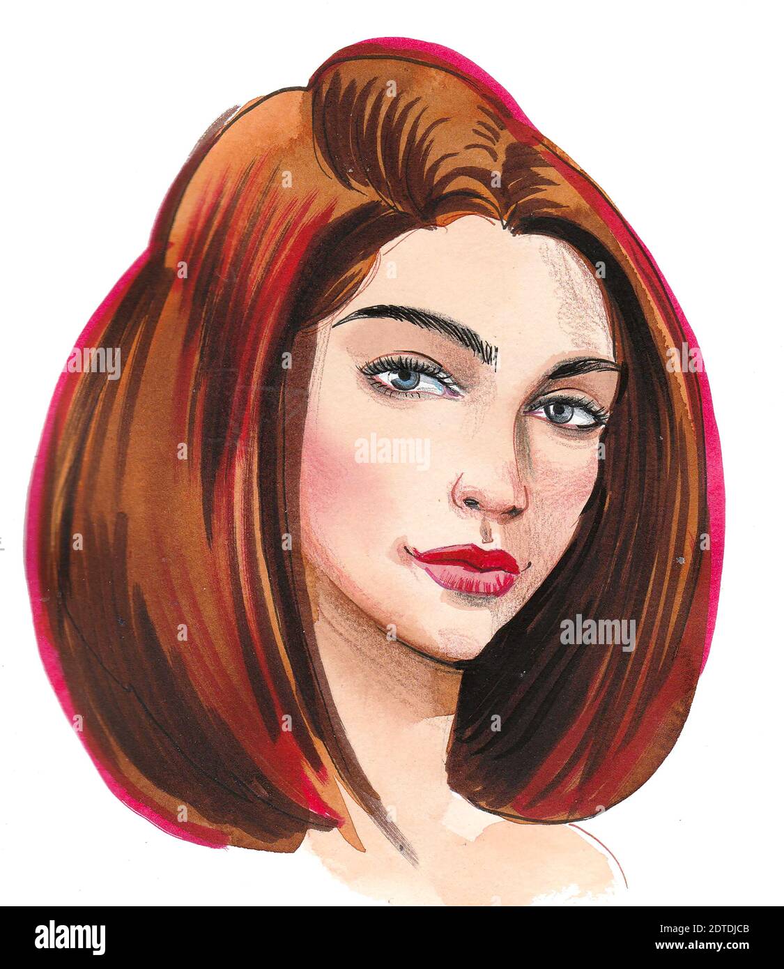 Beautiful with a long hair. Ink and watercolor drawing Stock Photo - Alamy
