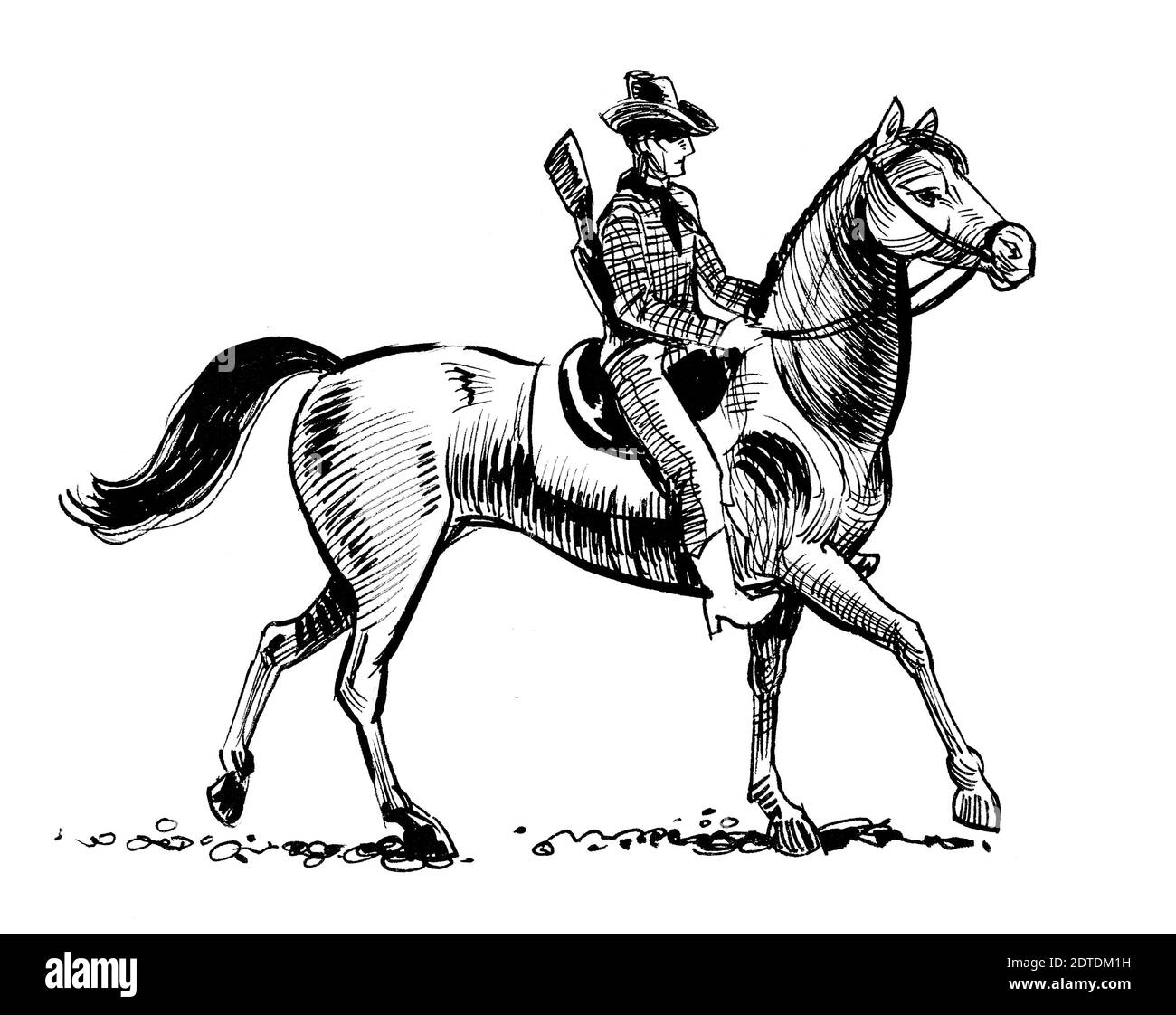 Cowboy riding a horse. Ink black and white drawing Stock Photo - Alamy