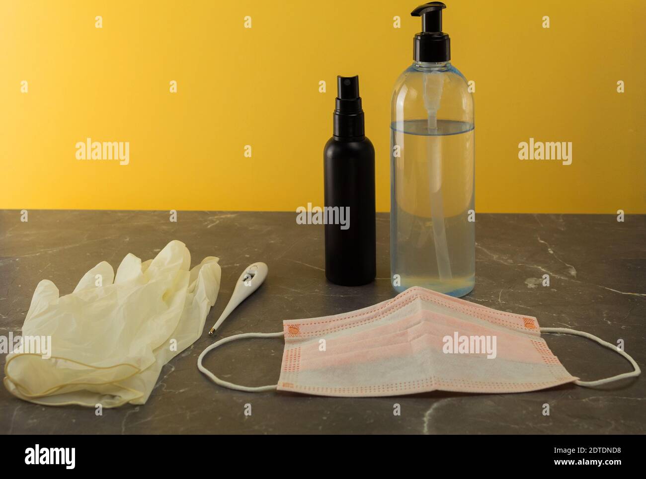 Antiseptic and protective equipment on the table Stock Photo - Alamy