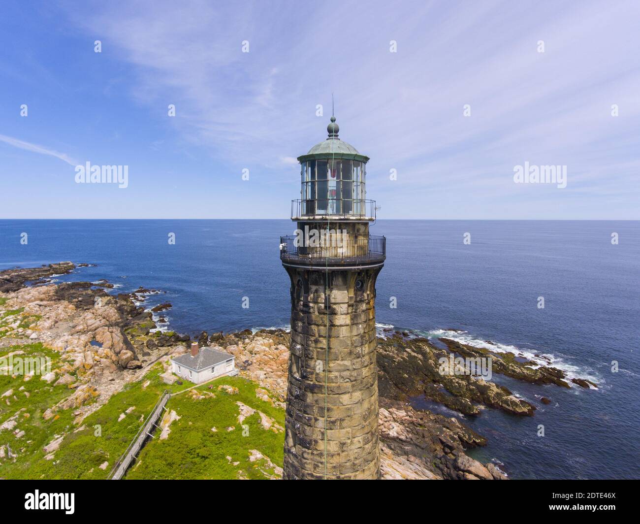 Aerial view of Thacher Island Lighthouses on Thacher Island, Rockport ...