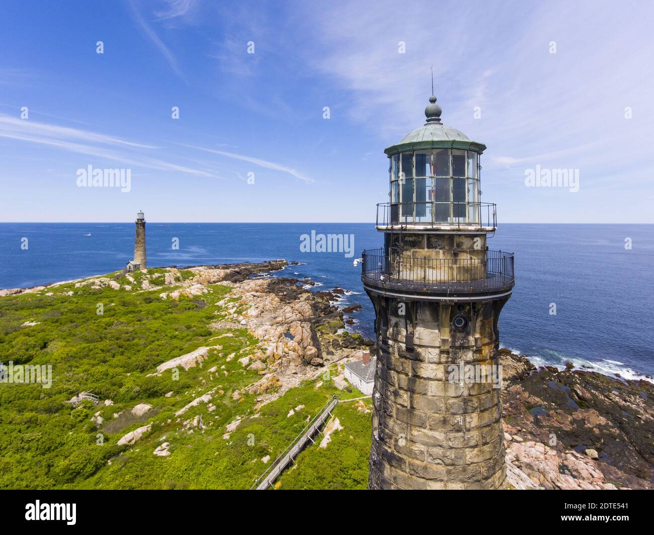 Aerial view of Thacher Island Lighthouses on Thacher Island, Rockport ...
