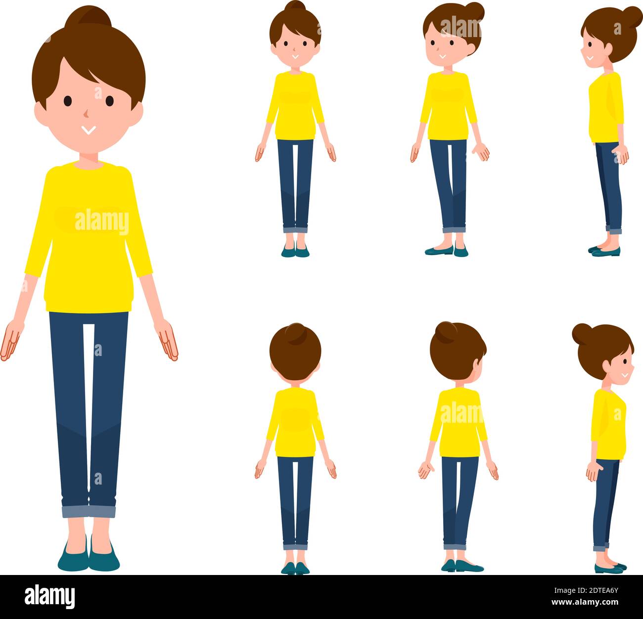 A set of women standing.Front, side and back angles.It's vector art so ...