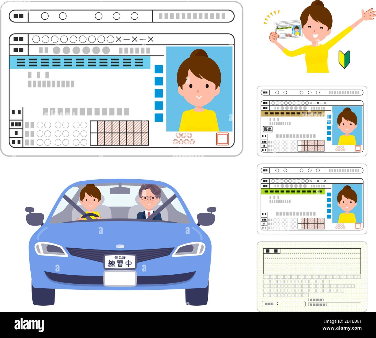 A set of women who get a driver's license.It's vector art so it's easy ...