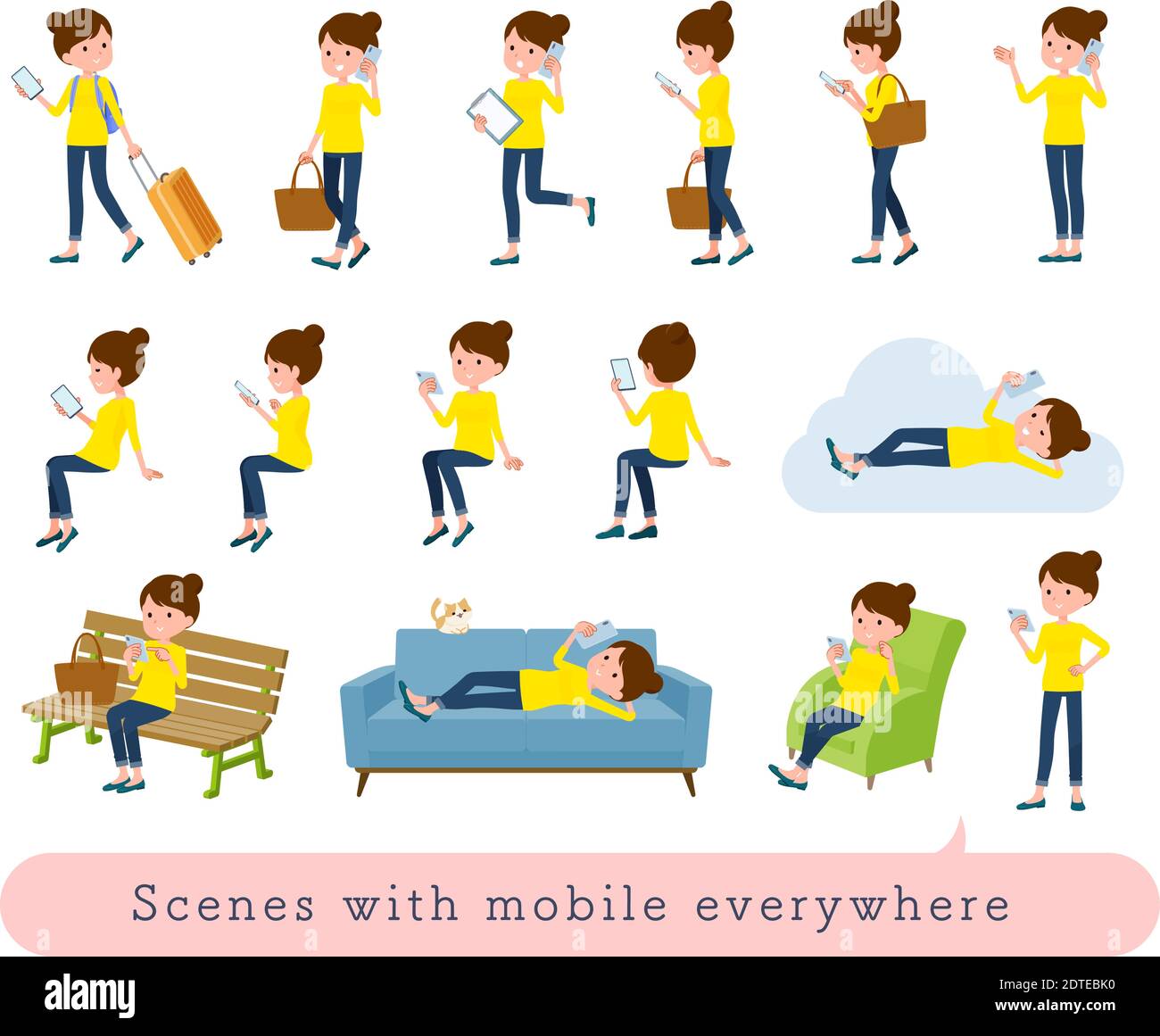 A set of women who uses a smartphone in various scenes.It's vector art ...