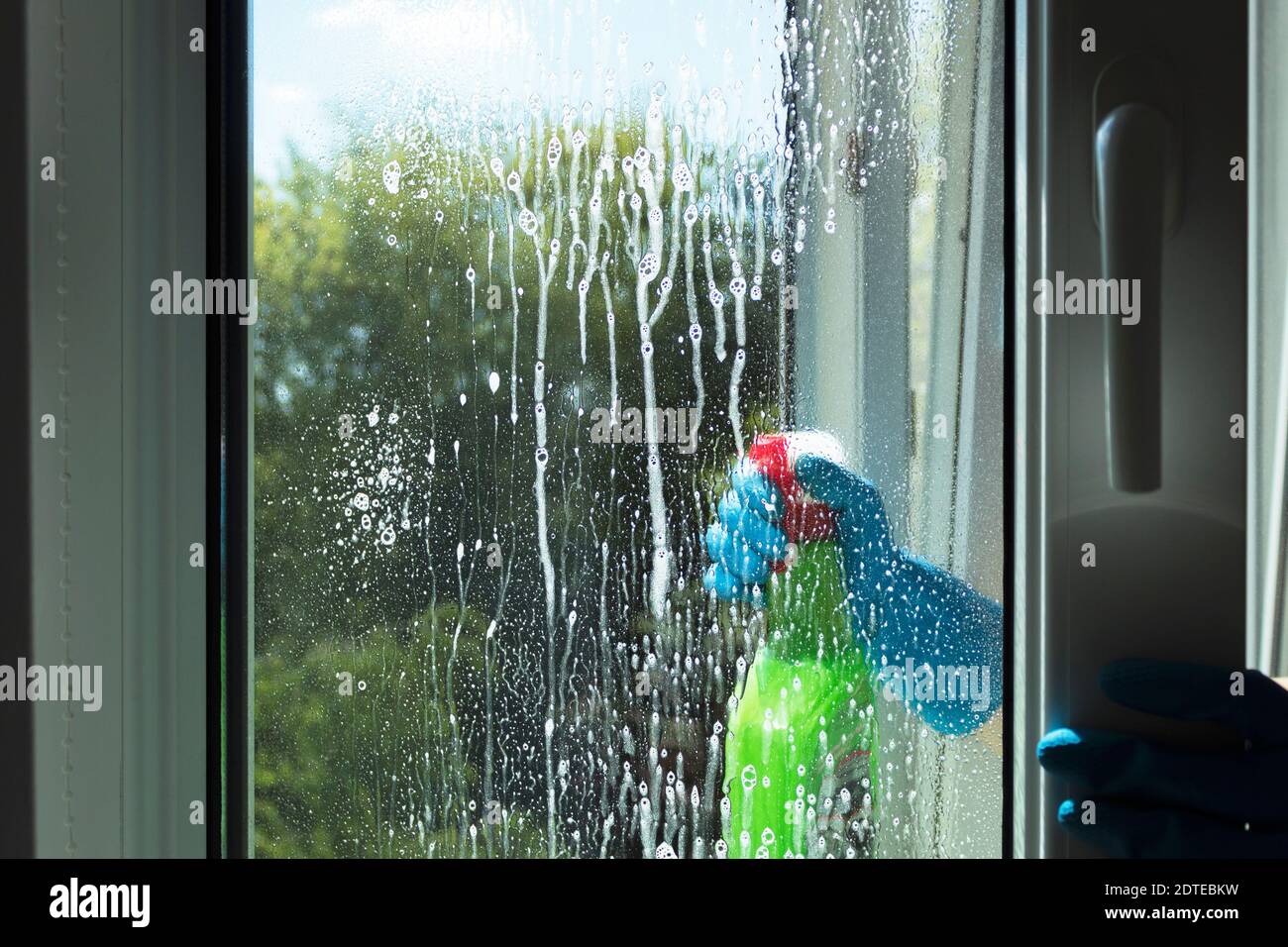 Window cleaning with a scraper and window cleaner. Cleaning in a house ...