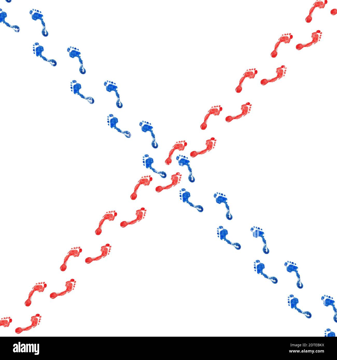 Cross ways of red and blue human footprints white background isolated ...
