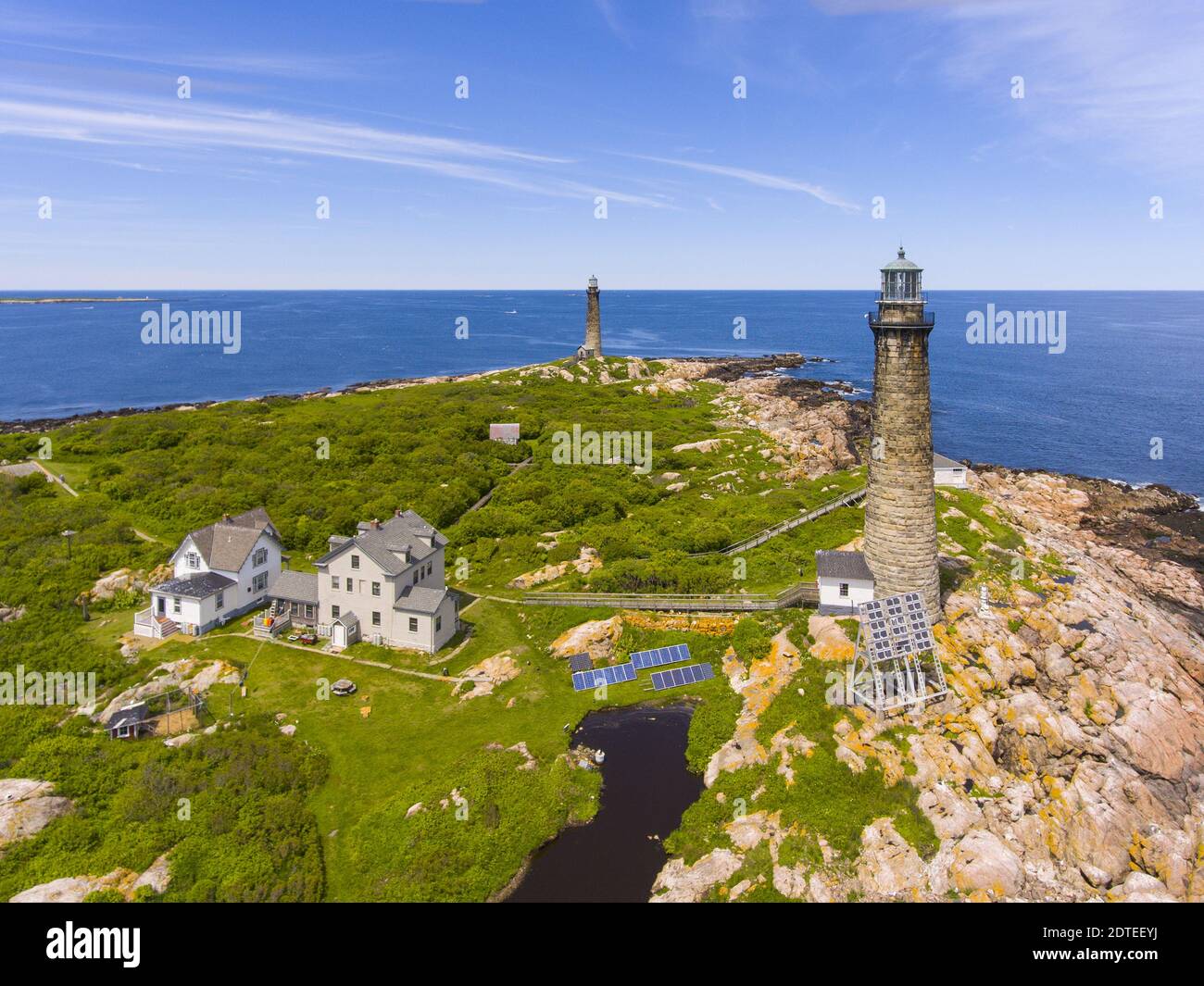Aerial view of Thacher Island Lighthouses on Thacher Island, Rockport ...