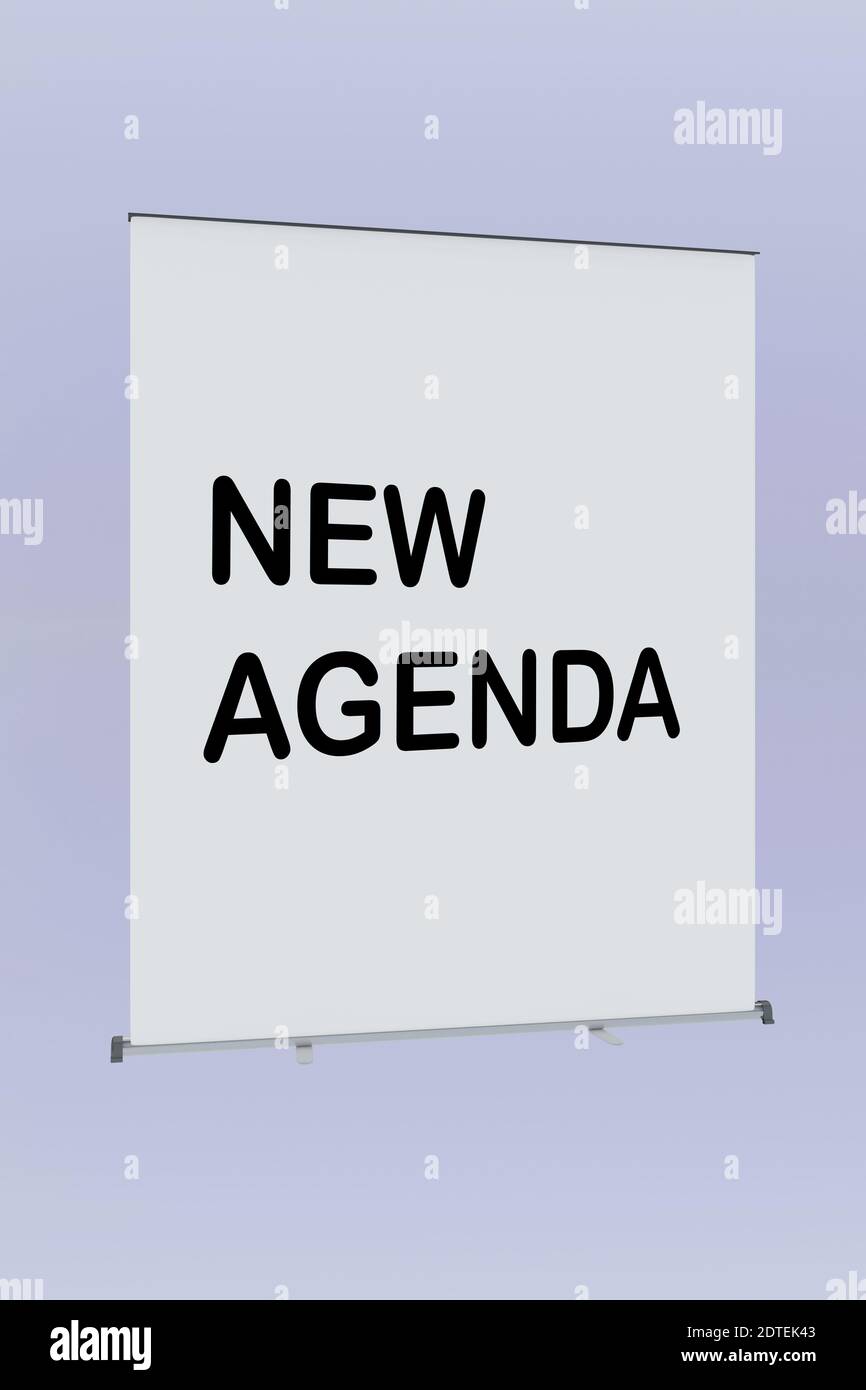 3D illustration of NEW AGENDA script on a roll-up screen, isolated over ...