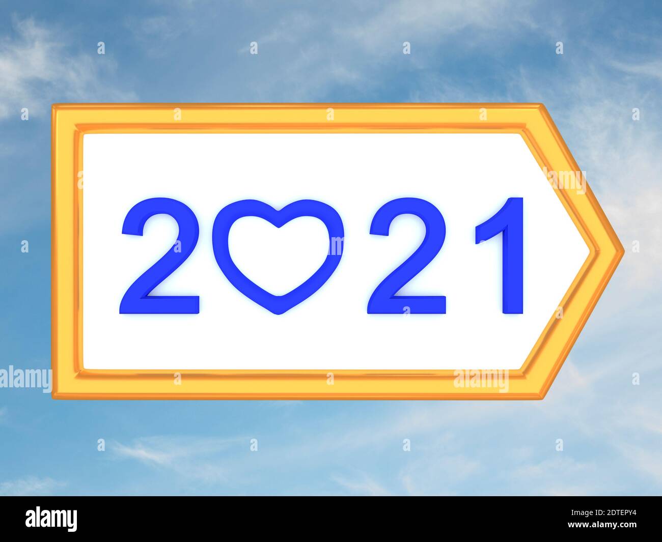 3D illustration of 2021 script on a symbolic golden road sign, isolated ...