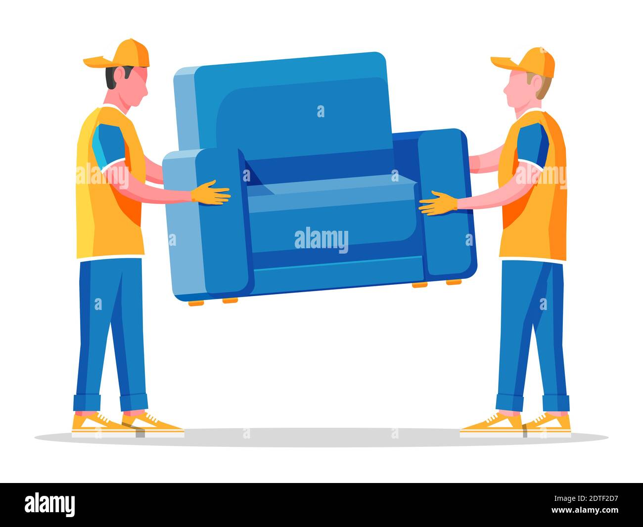 Delivery character man movers carry armchair. Two porters carry couch ...