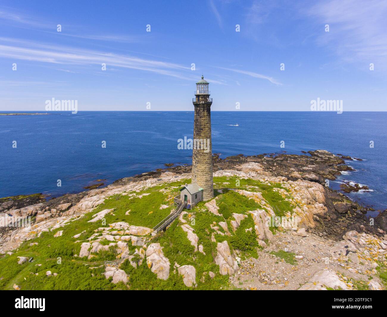 Aerial view of Thacher Island Lighthouses on Thacher Island, Rockport ...