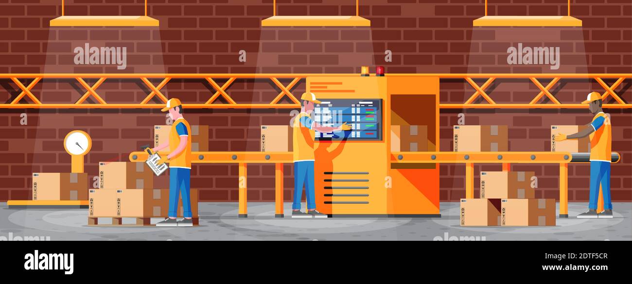 Conveyor belt machine concept in warehouse. Modern factory equipment ...