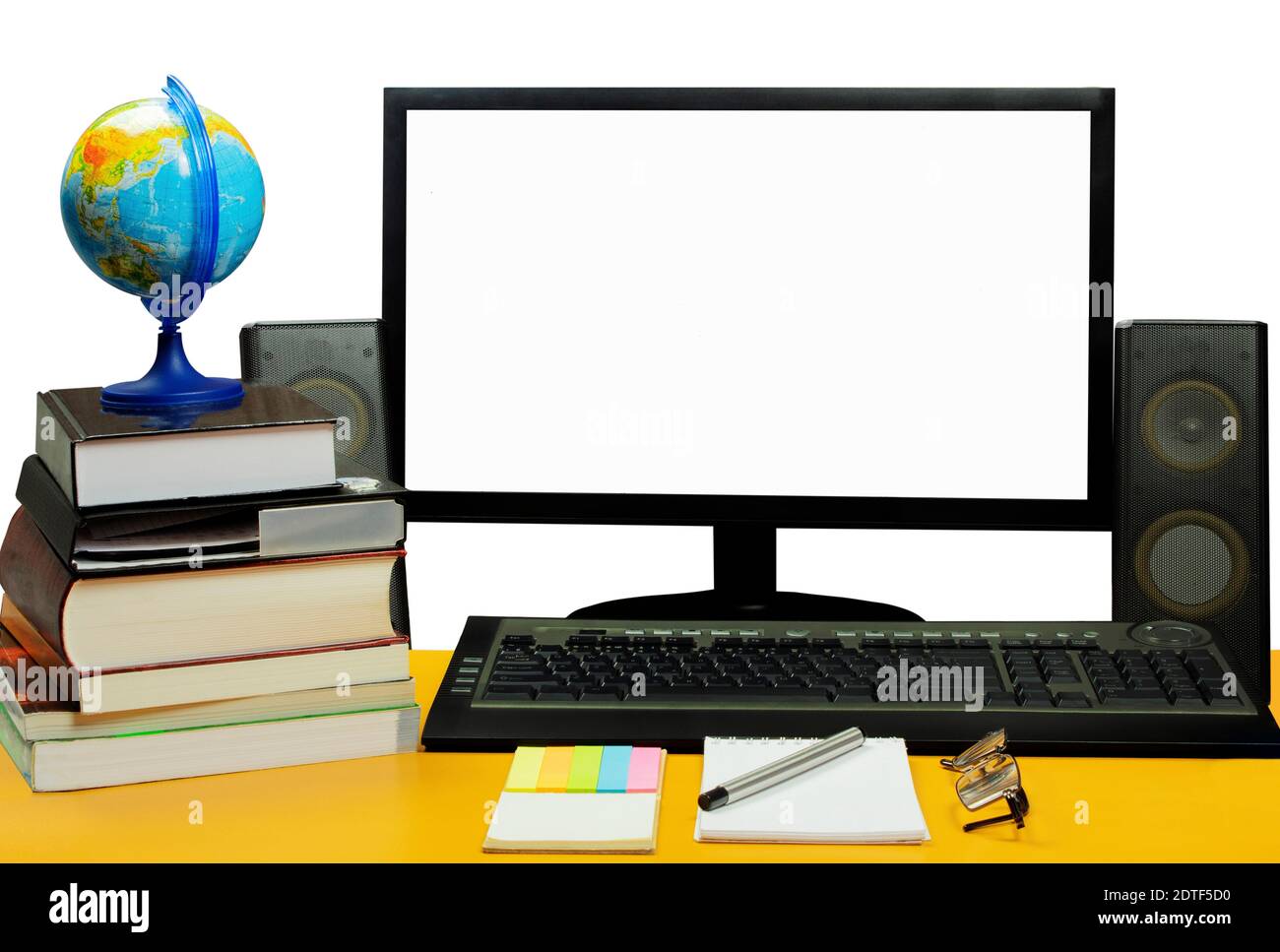 Monitor and books with a globe on isolated white Stock Photo - Alamy