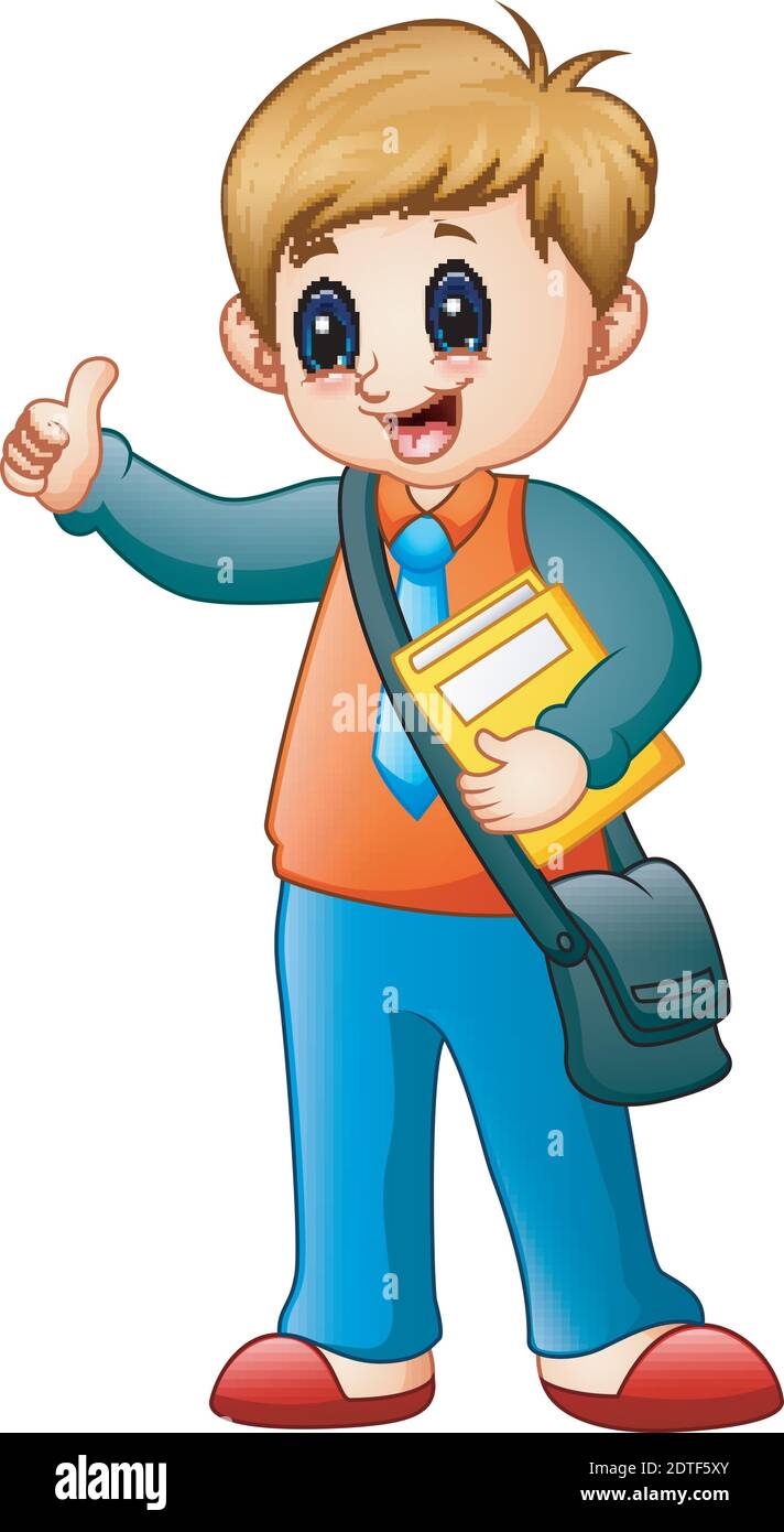 Vector illustration of Cartoon boy holding a book with waving hand ...