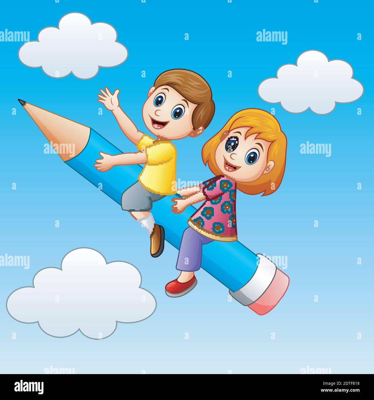 Vector illustration of School kids riding a pencil Stock Vector Image ...